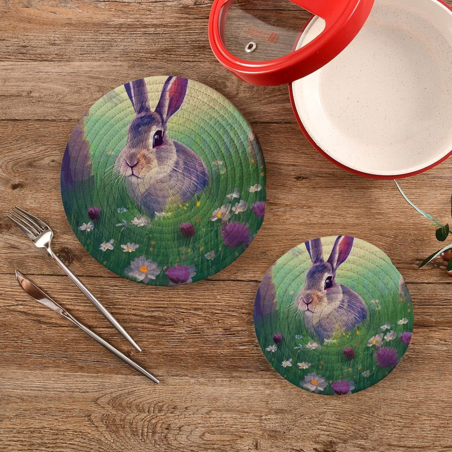 SKYSONIC Easter Cute Fluffy Bunny Trivet Round Hot Pads, Set of 2 ...