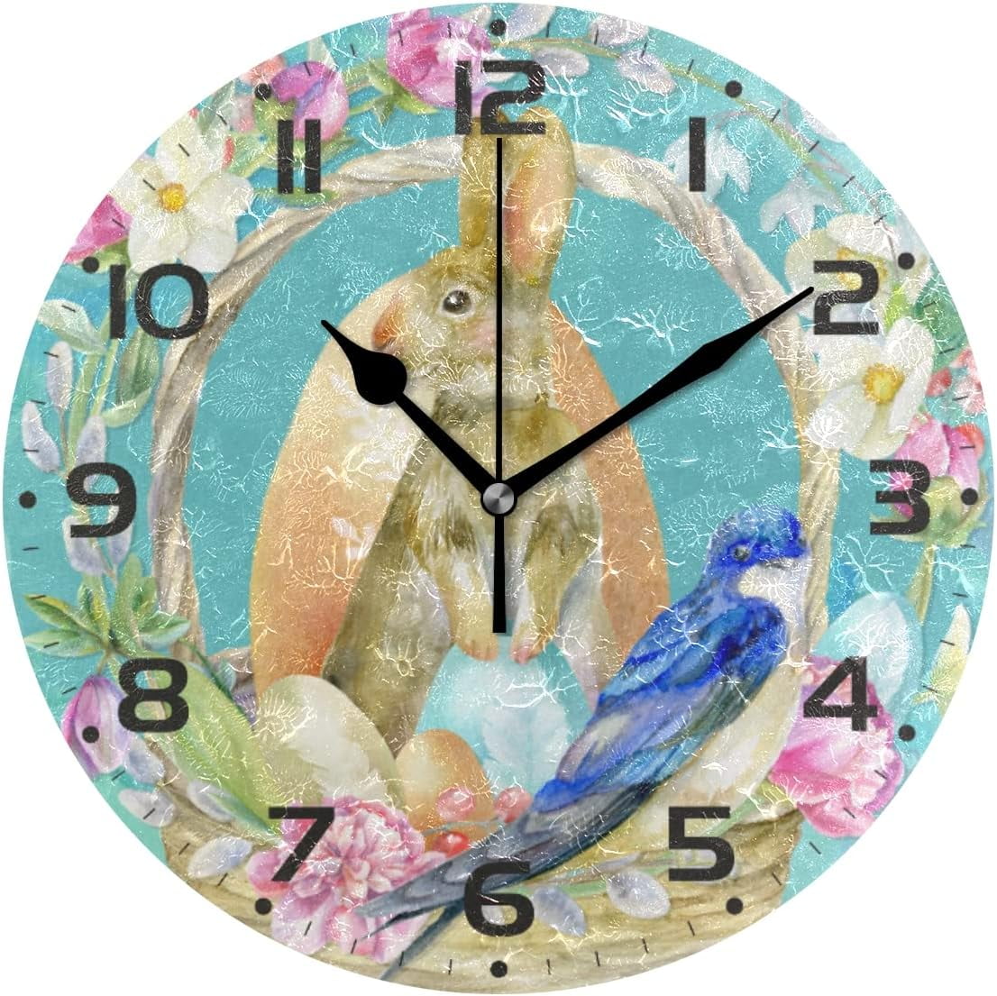 SKYSONIC Easter Rabbit Wall Clock 10 Inch Silent Non Ticking Round ...