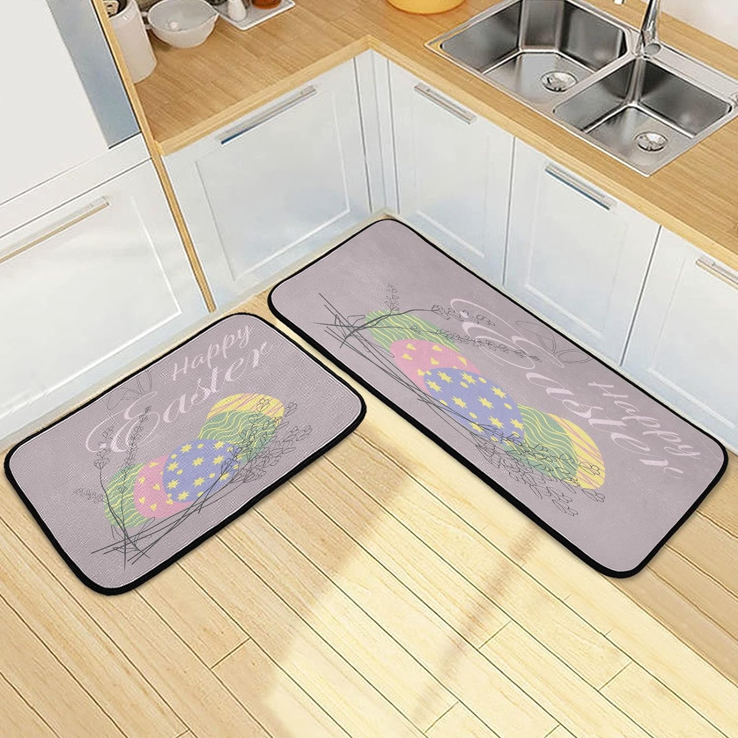 SKYSONIC Eggs Lavender Flowers Kitchen Rugs Set of 2, Happy Easter ...