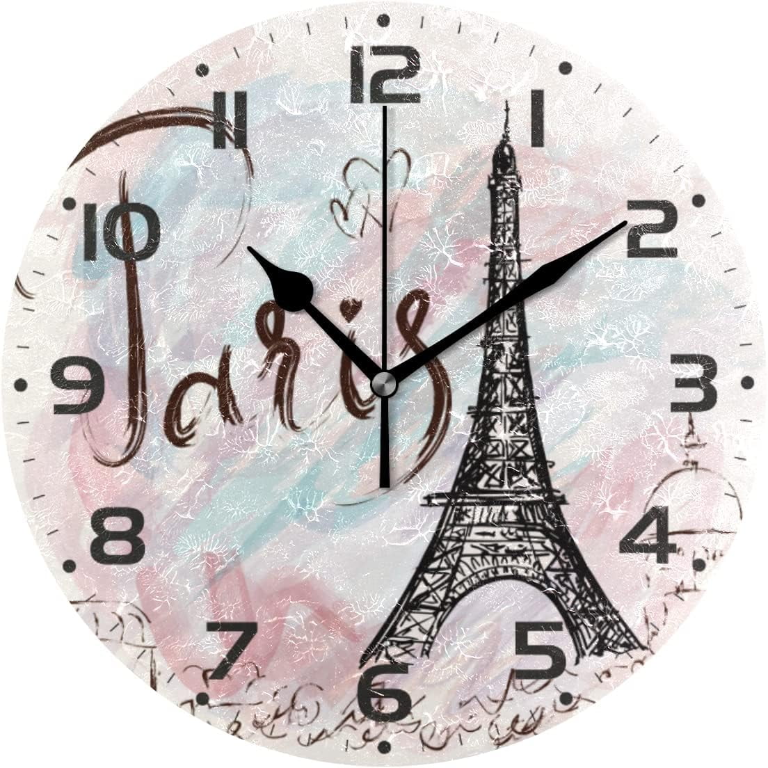 SKYSONIC Eiffel Tower Wall Clock 10 Inch Silent Non Ticking Round Clock ...
