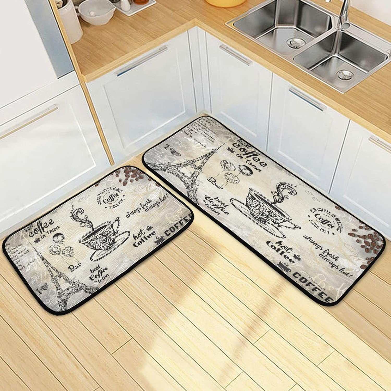 SKYSONIC Eiffer Tower Coffee Kitchen Rugs Set of 2, Vintage Retro Cafe ...