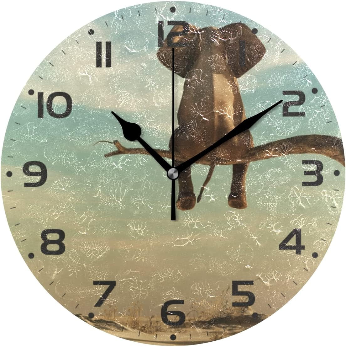 SKYSONIC Elephant Sitting Wall Clock 10 Inch Silent Non Ticking Round ...