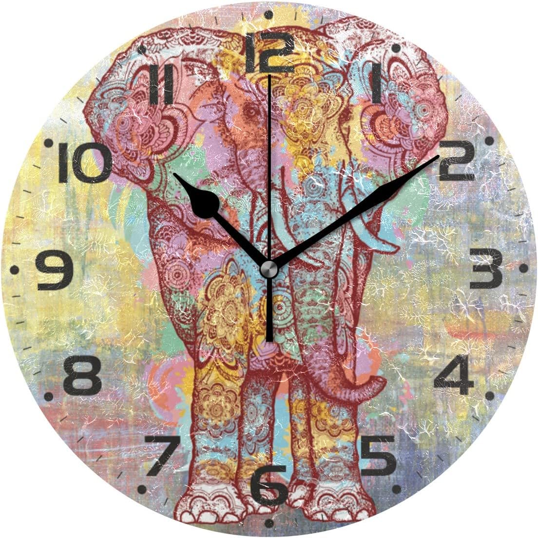 SKYSONIC Elephant Watercolor Wall Clock 10 Inch Silent Non Ticking ...