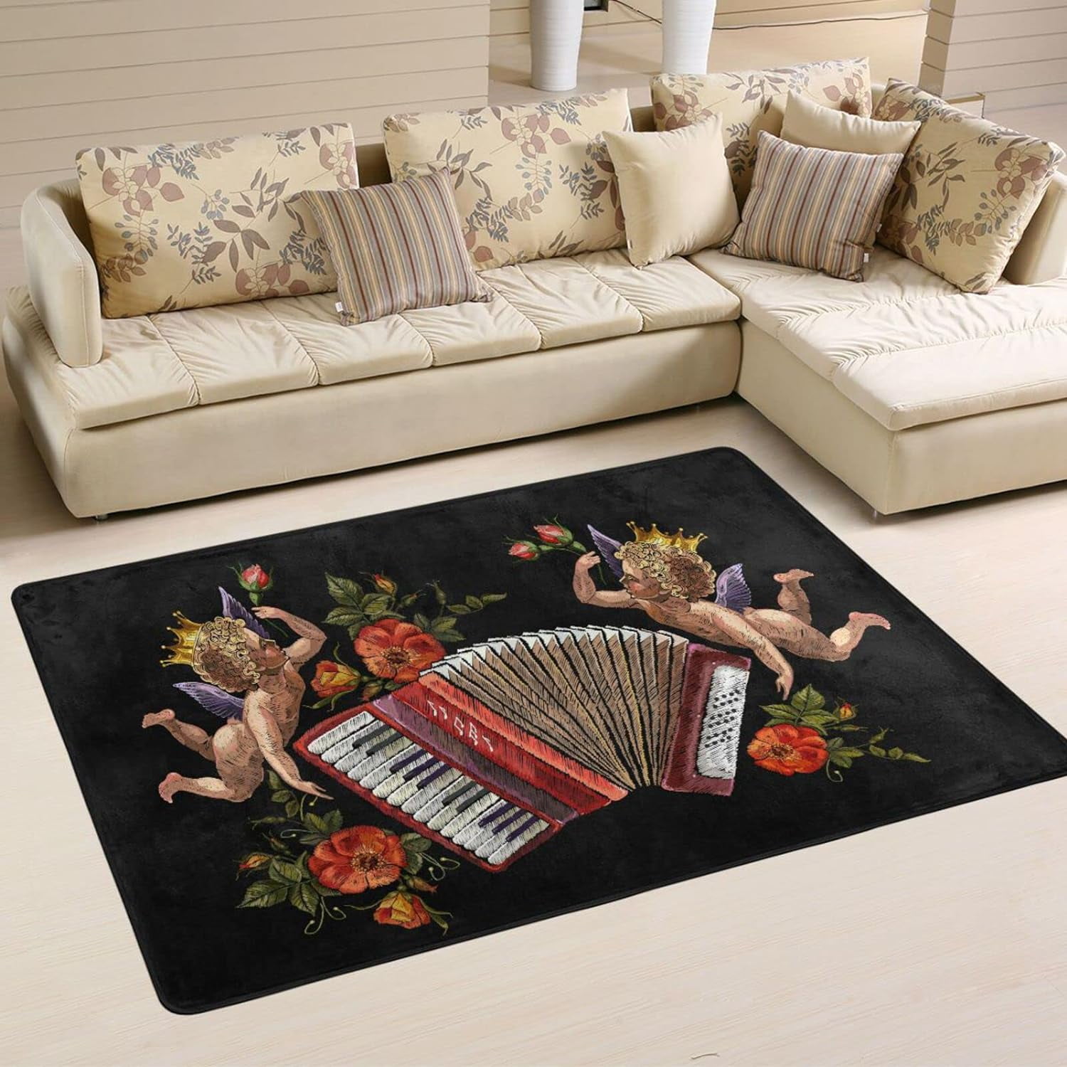 SKYSONIC Embroidery Angels Flowers Non-Slip Area Rug, Vintage ...
