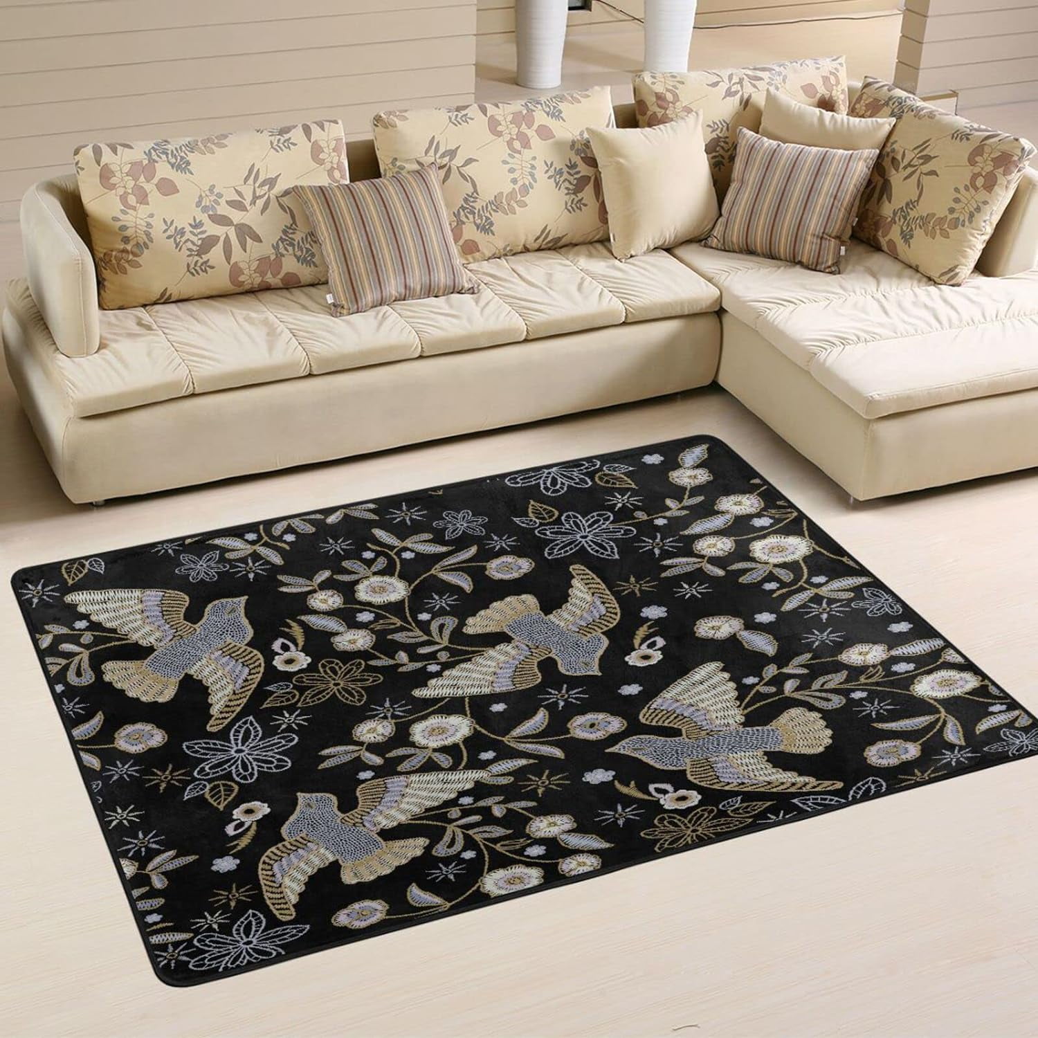 SKYSONIC Embroidery Ethnic Floral Non-Slip Area Rug, Pigeons Flowers ...