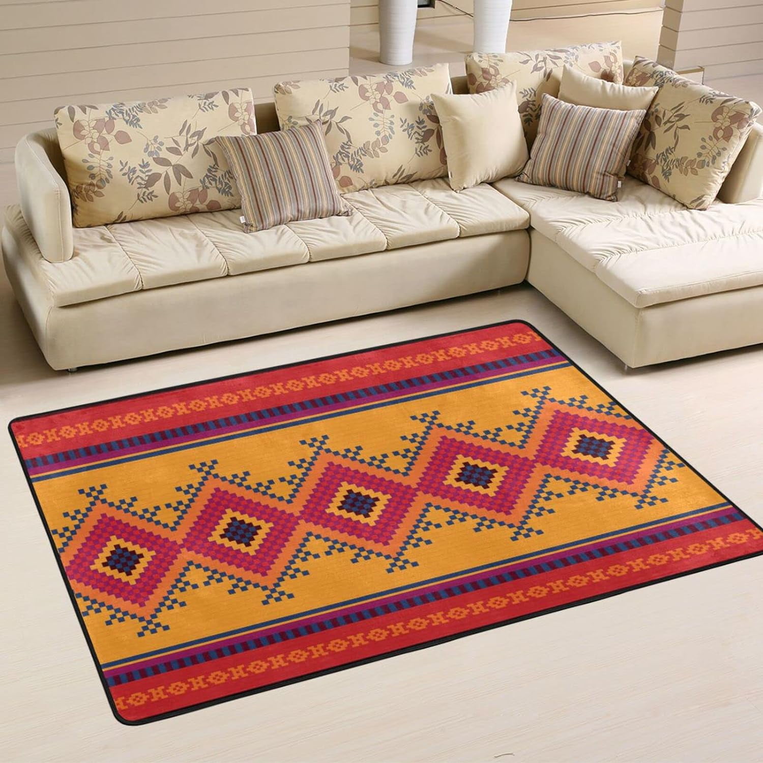 SKYSONIC Ethnic Tribal Geometric Non-Slip Area Rug, Rustic African ...