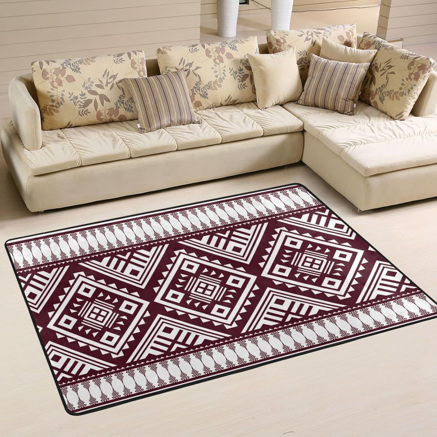 SKYSONIC Ethnic Tribal Nordic Gemetric Non-Slip Area Rug, Red Oriental ...