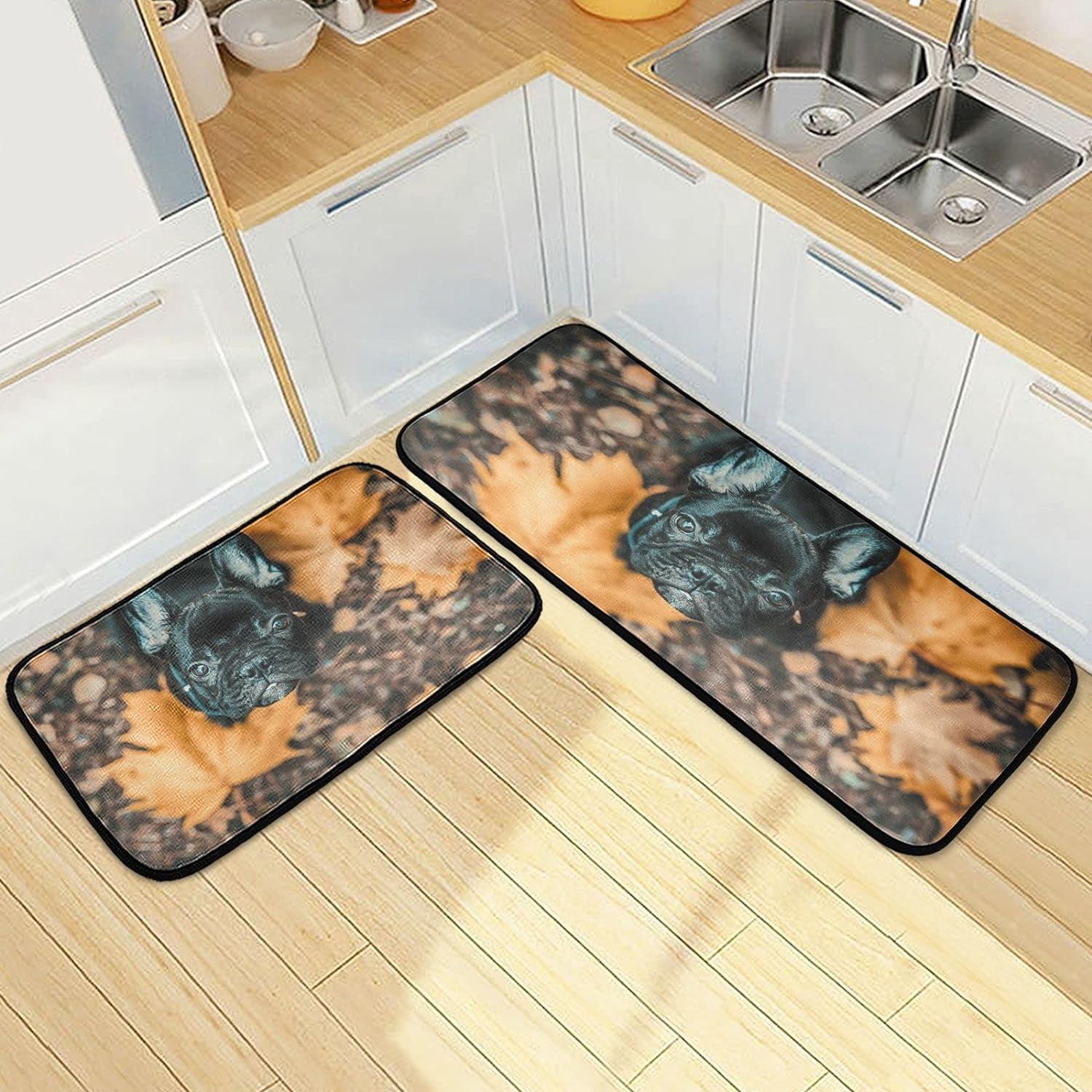 SKYSONIC Fall Black Bulldog Kitchen Rugs Set of 2, Maple Leaf Floor ...
