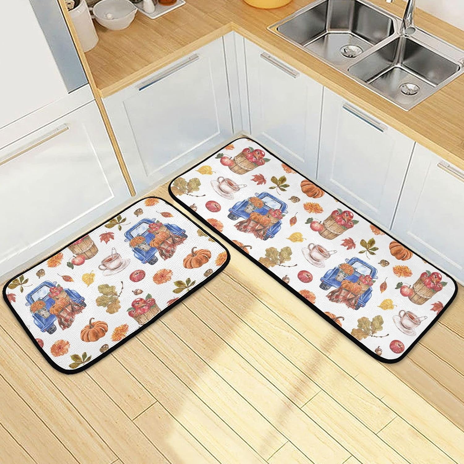 SKYSONIC Fall Harvest Truck Kitchen Rugs Set of 2, Autumn Pumpkin Floor ...