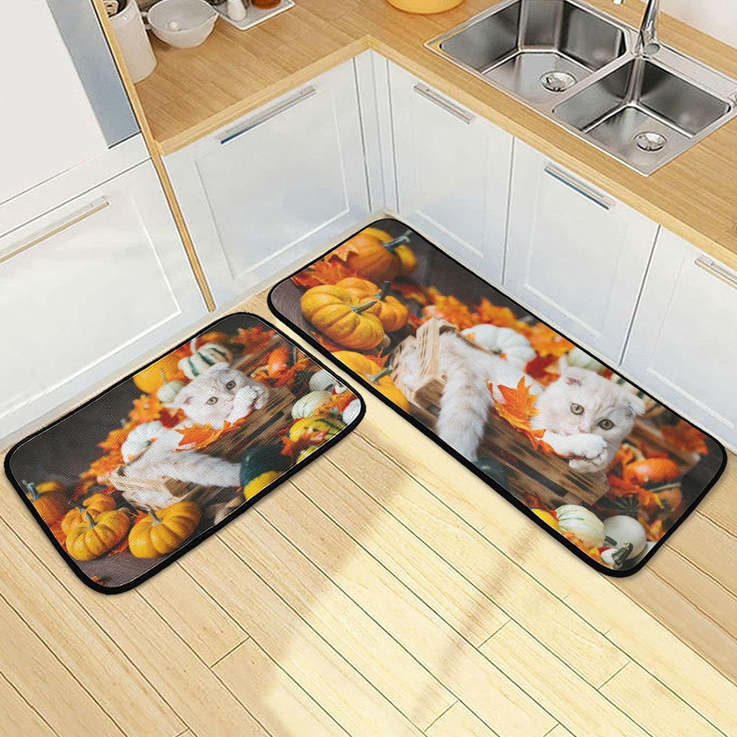 SKYSONIC Fall Kitten Pumpkin Kitchen Rugs Set of 2, Red Leaves Wooden ...