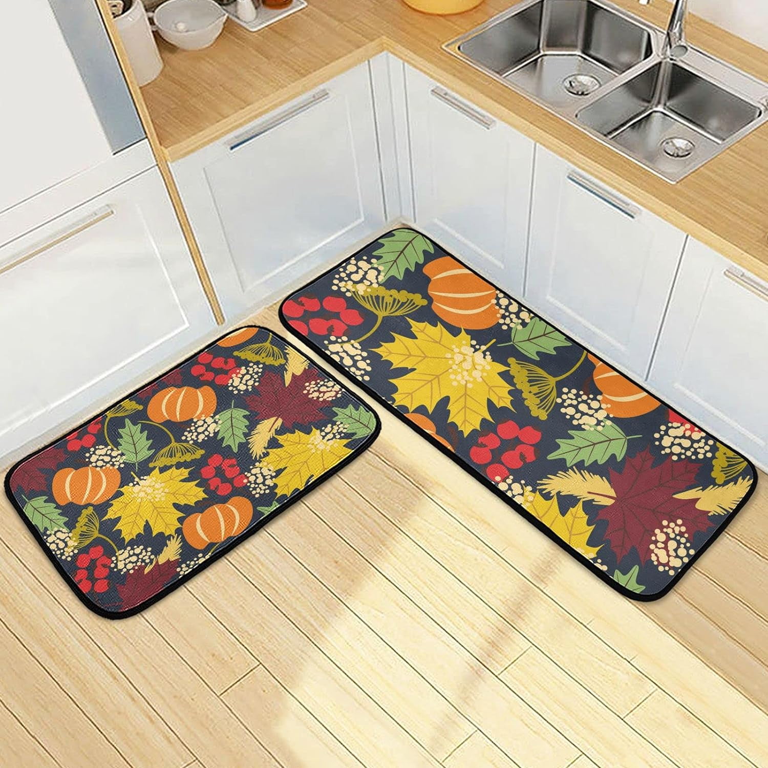 SKYSONIC Fall Leaves Berries Kitchen Rugs Set of 2, Autumnal Pumpkins ...
