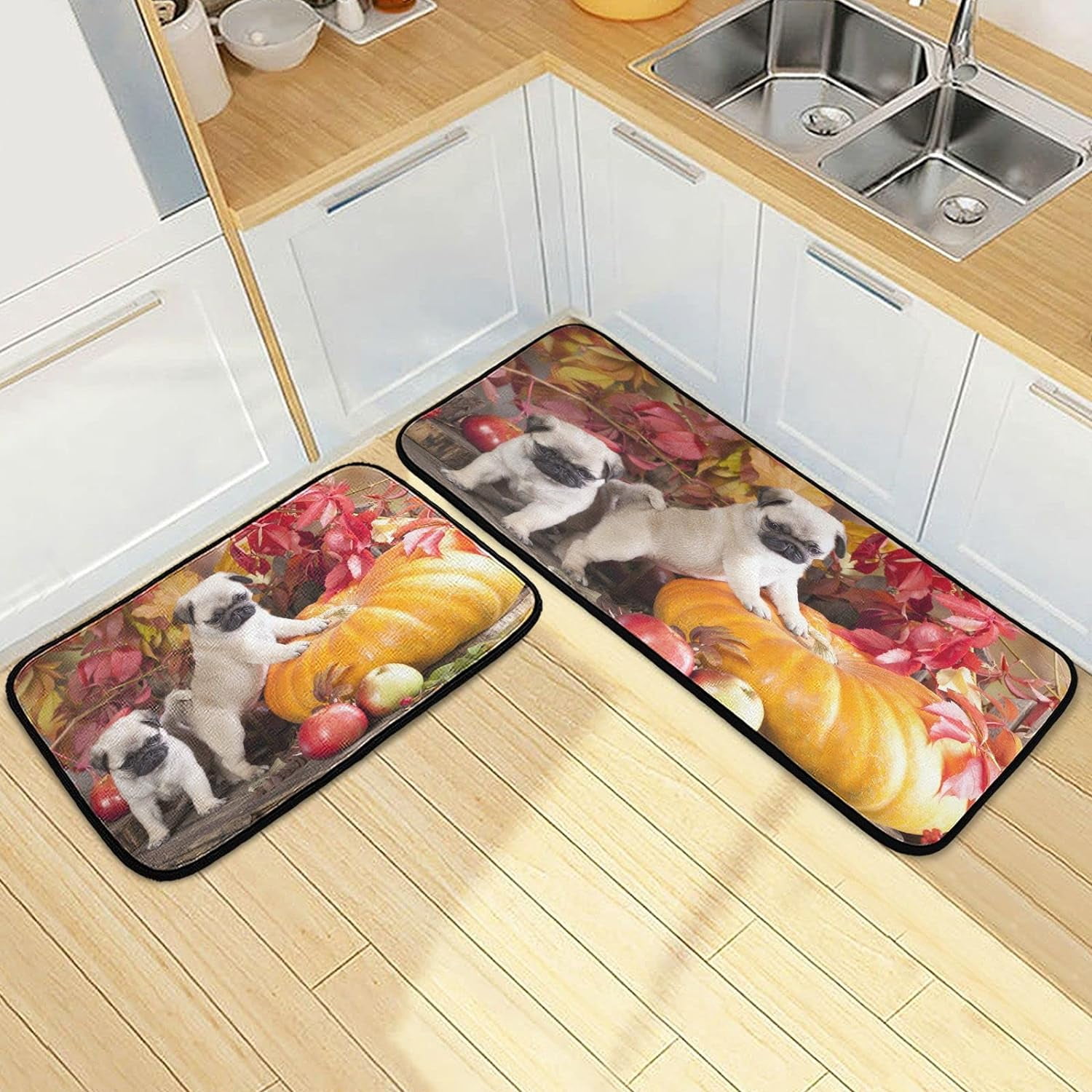 SKYSONIC Fall Little Pug Puppy Kitchen Rugs Set of 2, Red Leaves ...