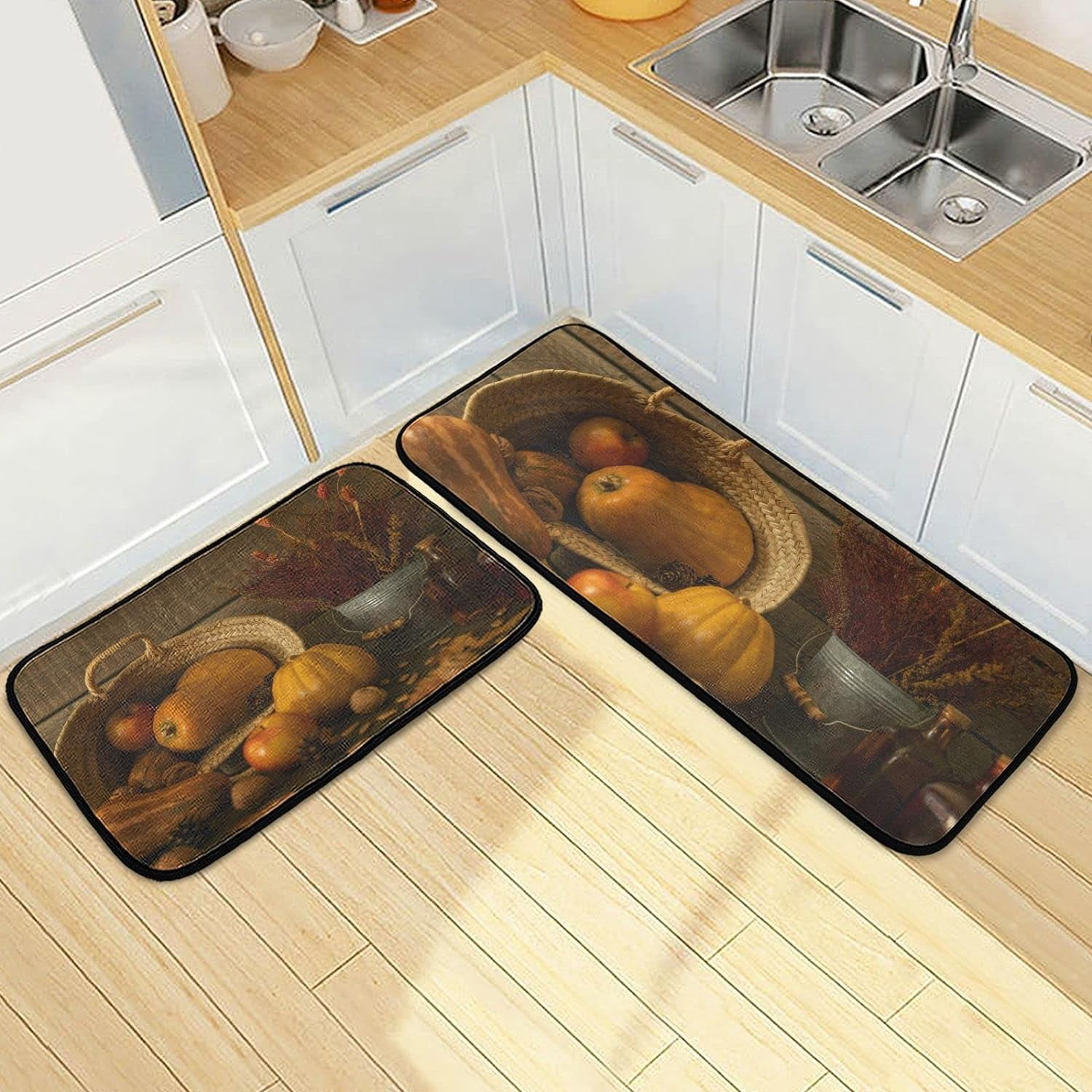 SKYSONIC Fall Pumpkins Basket Kitchen Rugs Set of 2, Vintage Boards ...