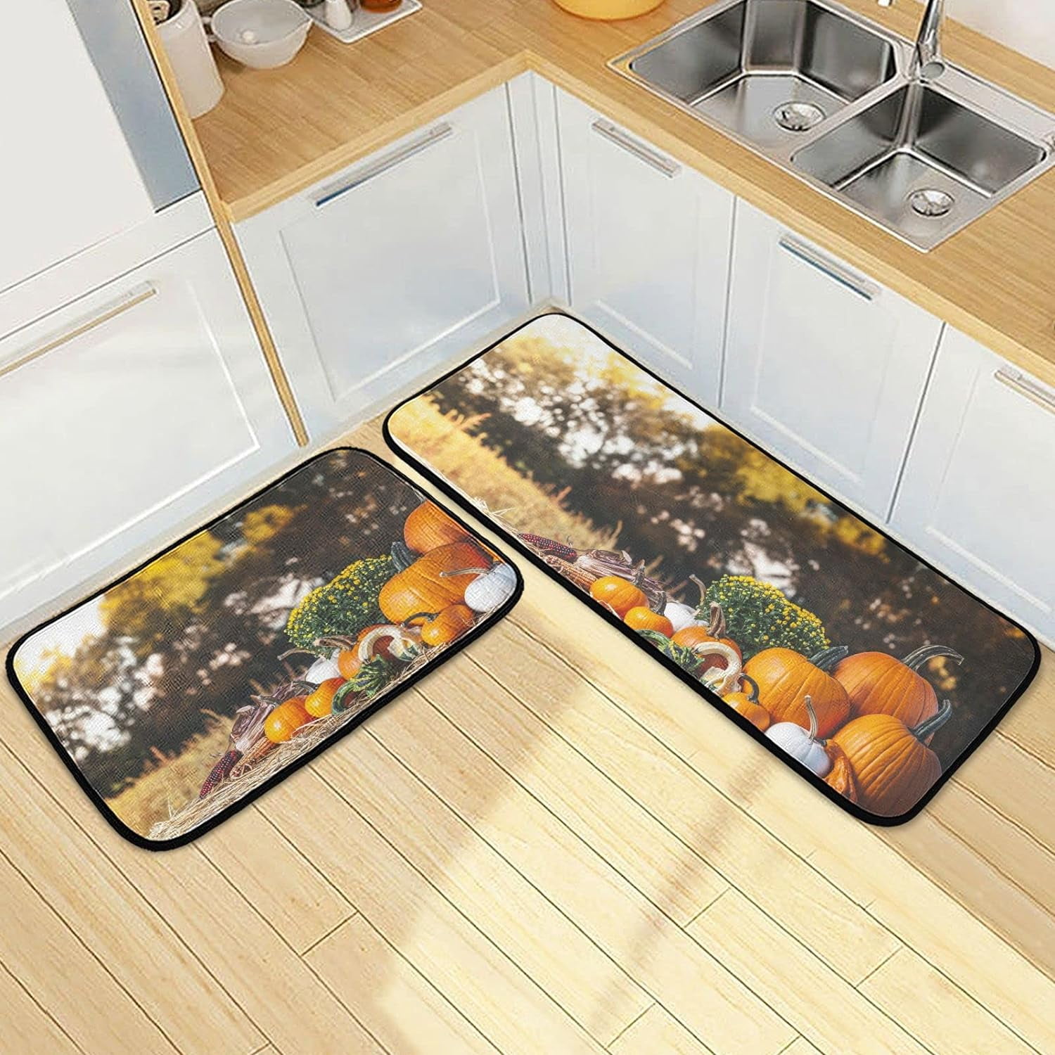 SKYSONIC Fall Pumpkins Gourds Corn Kitchen Rugs Set of 2, Autumn Floor ...