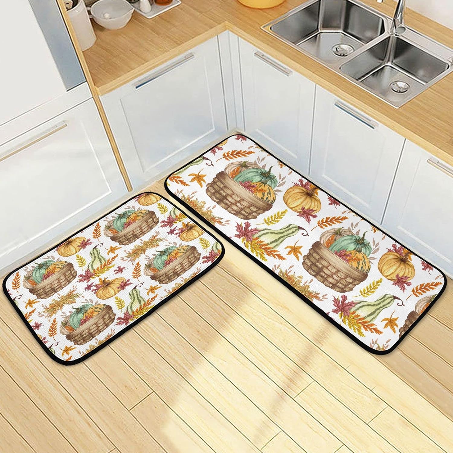SKYSONIC Fall Pumpkins Leaves Harvest Kitchen Rugs Set of 2, Autumn ...