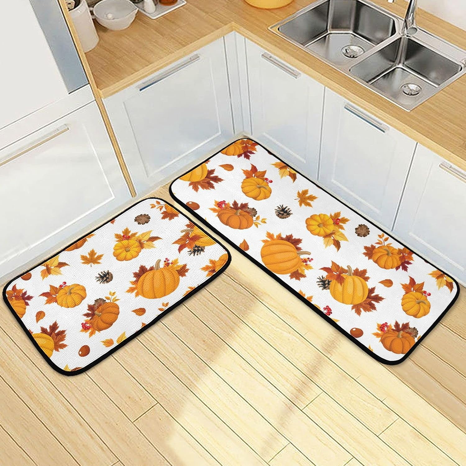 SKYSONIC Fall Pumpkins Pinecone Kitchen Rugs Set of 2, Autumn Leaves ...