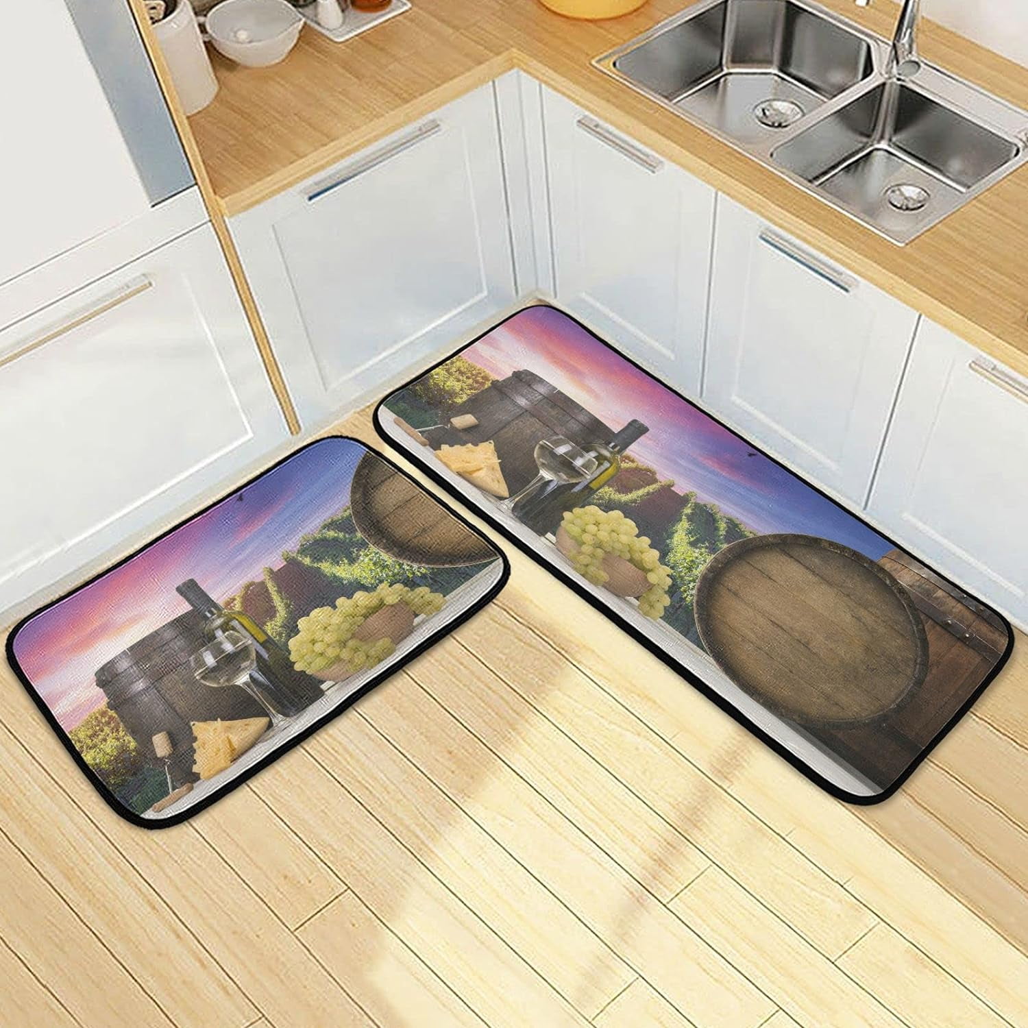 SKYSONIC Farm Wine Cheese Kitchen Rugs 2 Pieces, Rustic Wooden Barrel ...