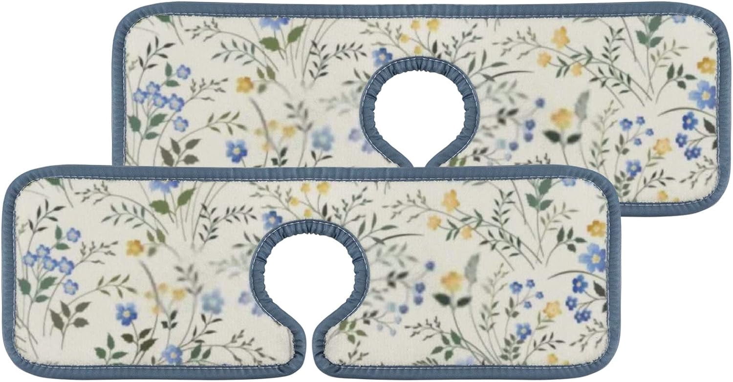 SKYSONIC Faucet Absorbent Mat 2 Pcs Meadow Flower Pattern on White ...