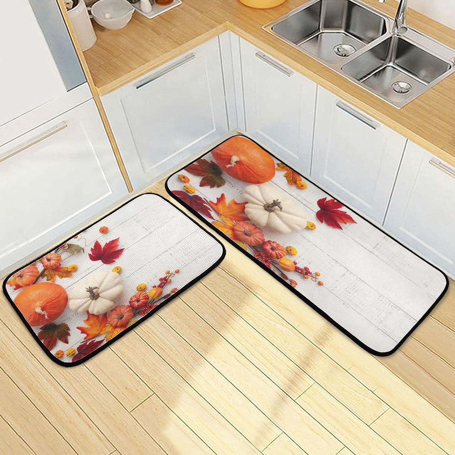SKYSONIC Festive Autumn Pumpkins Kitchen Rugs Set of 2, White Wooden ...