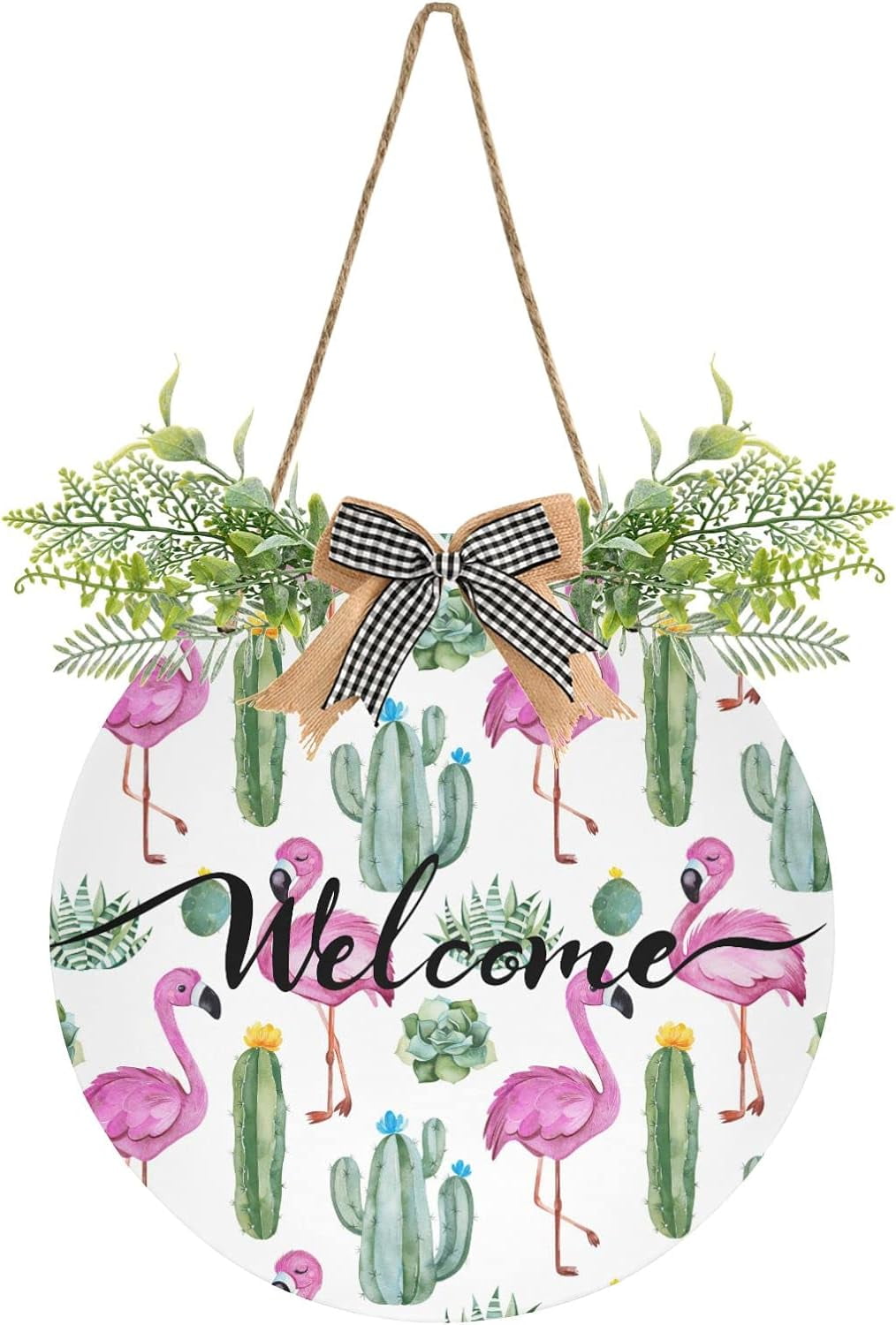 SKYSONIC Flamingo Cactus Welcome Sign Front Door Decor Round Door ...