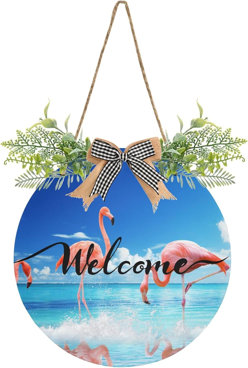 SKYSONIC Flamingo Standing in The Ocean Welcome Sign Front Door Decor ...