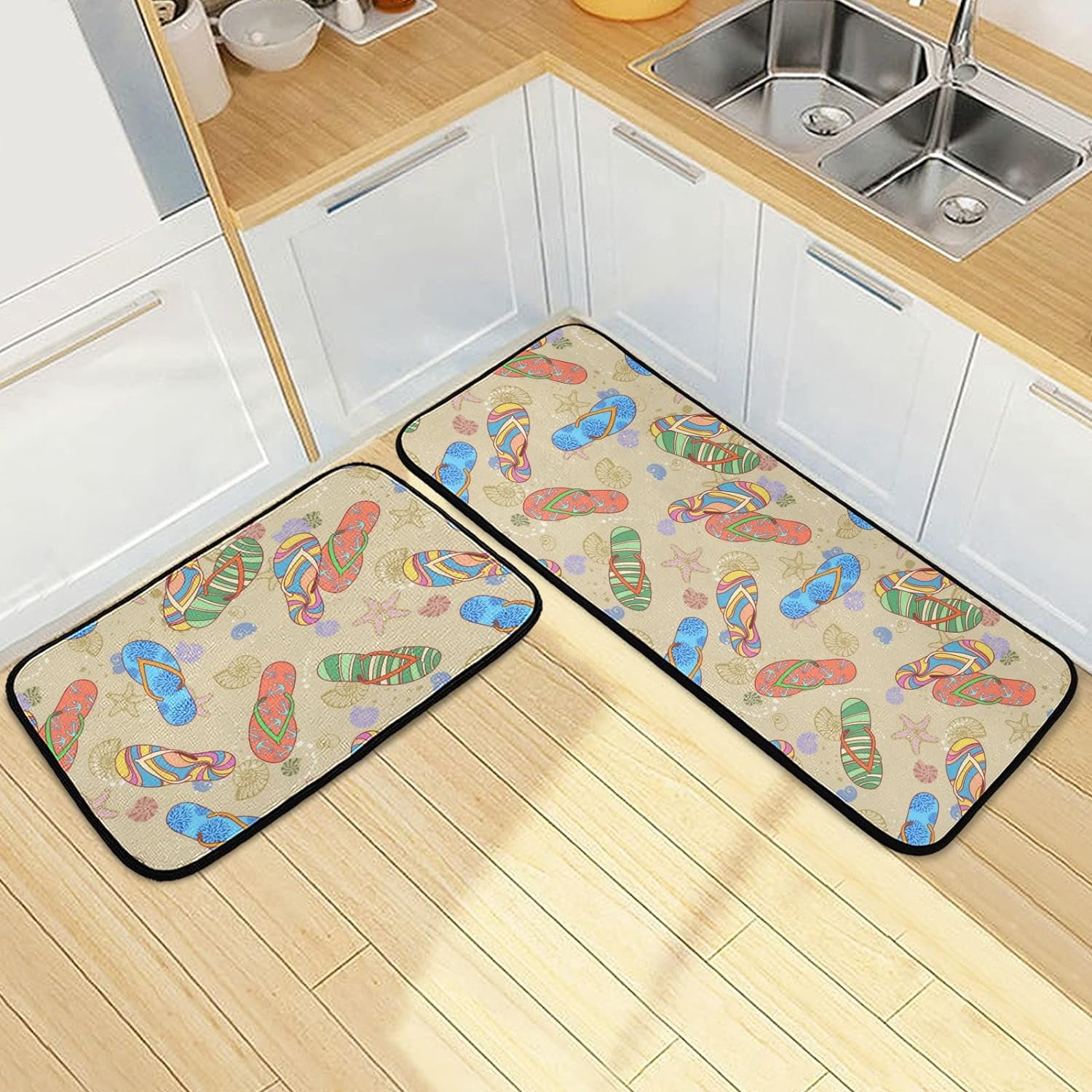 SKYSONIC Flip Flop Beach Kitchen Rugs Set of 2, Summer Starfish ...