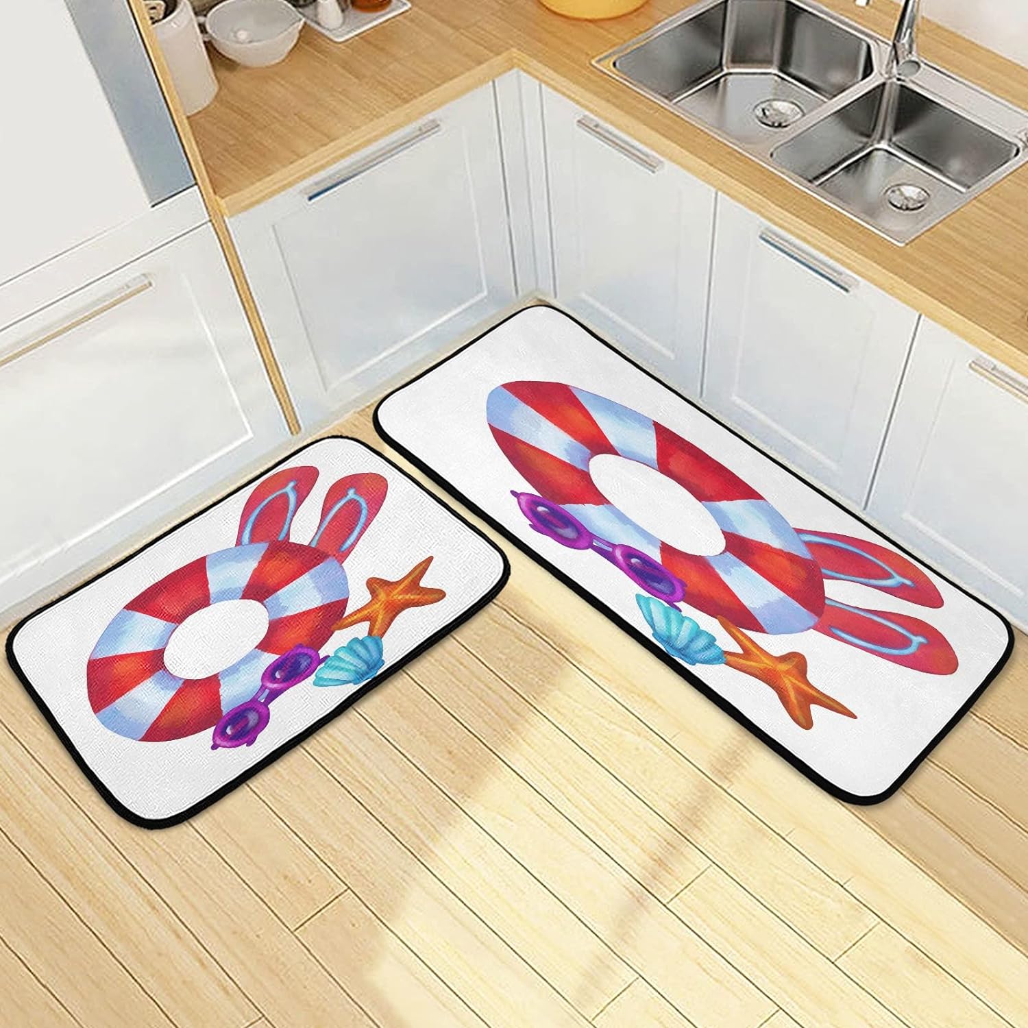 SKYSONIC Flip Flop Sea Shell Kitchen Rugs Set of 2, Summer Lifebuoy ...
