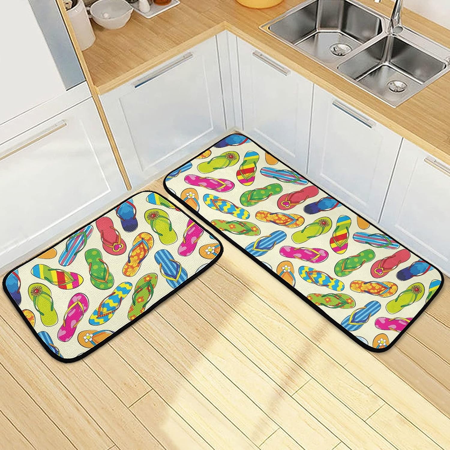 SKYSONIC Flip Flops Pattern Kitchen Rugs Set of 2, Colorful Summer ...