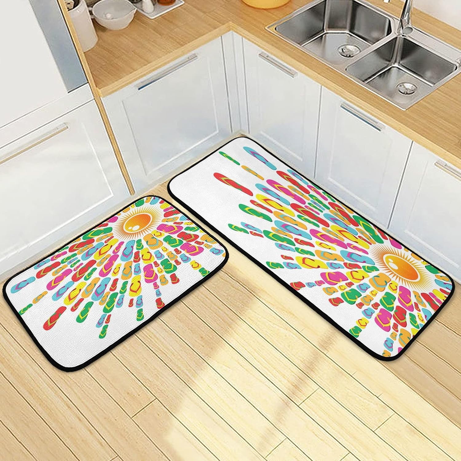 SKYSONIC Flip Flops Sunshine Kitchen Rugs Set of 2, Summer Multicolor ...