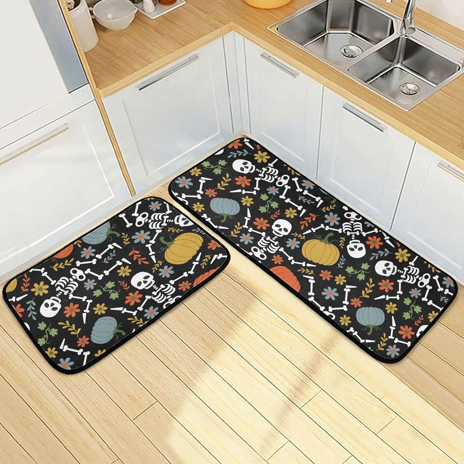 SKYSONIC Floral Dancing Skull Kitchen Rugs 2 Pieces, Pumpkin Autumn ...