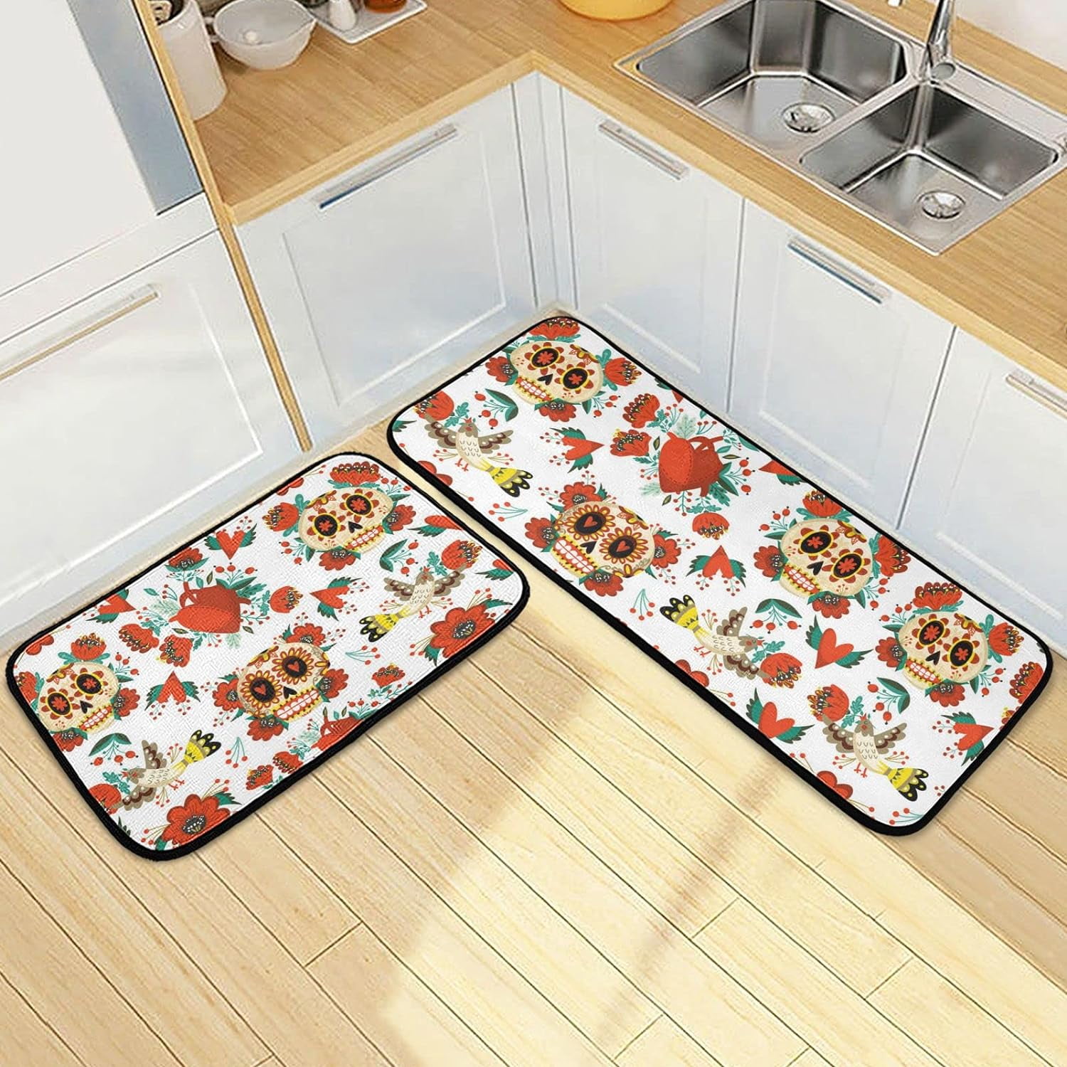 SKYSONIC Floral Mexican Sugar Skulls Kitchen Rugs 2 Pieces, Dia De ...