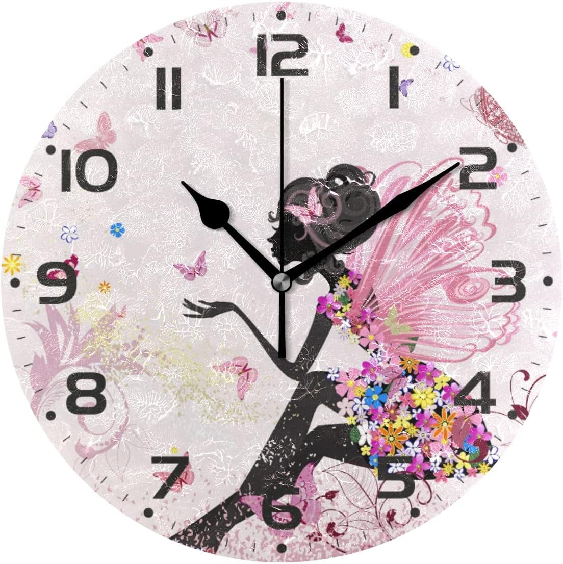 SKYSONIC Flower Fairy Angel Butterfly Wall Clock 10 Inch Silent Non ...