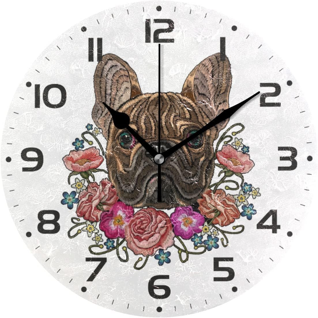 SKYSONIC Flowers & French Bulldog Wall Clock 10 Inch Silent Non Ticking ...