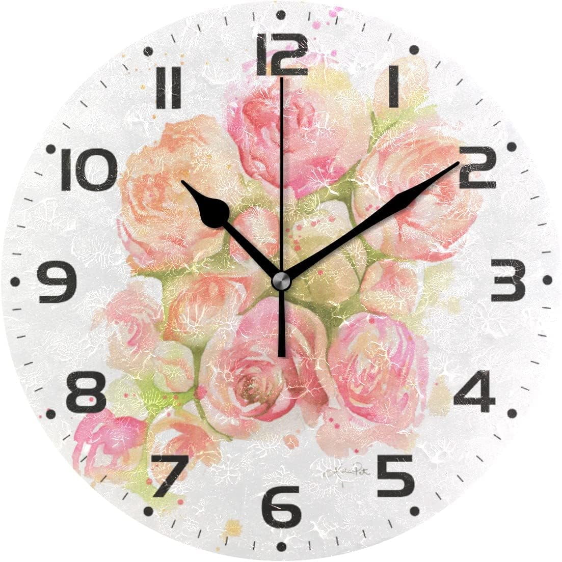 SKYSONIC Flowers Pattern Wall Clock 10 Inch Silent Non Ticking Round ...