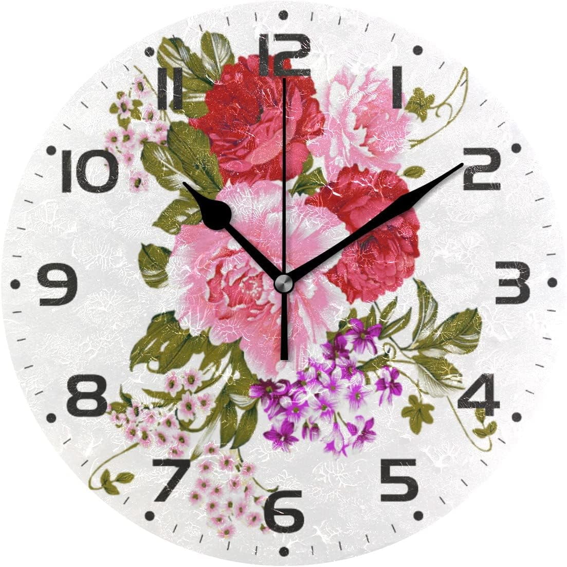 SKYSONIC Flowers Pattern Wall Clock 10 Inch Silent Non Ticking Round ...