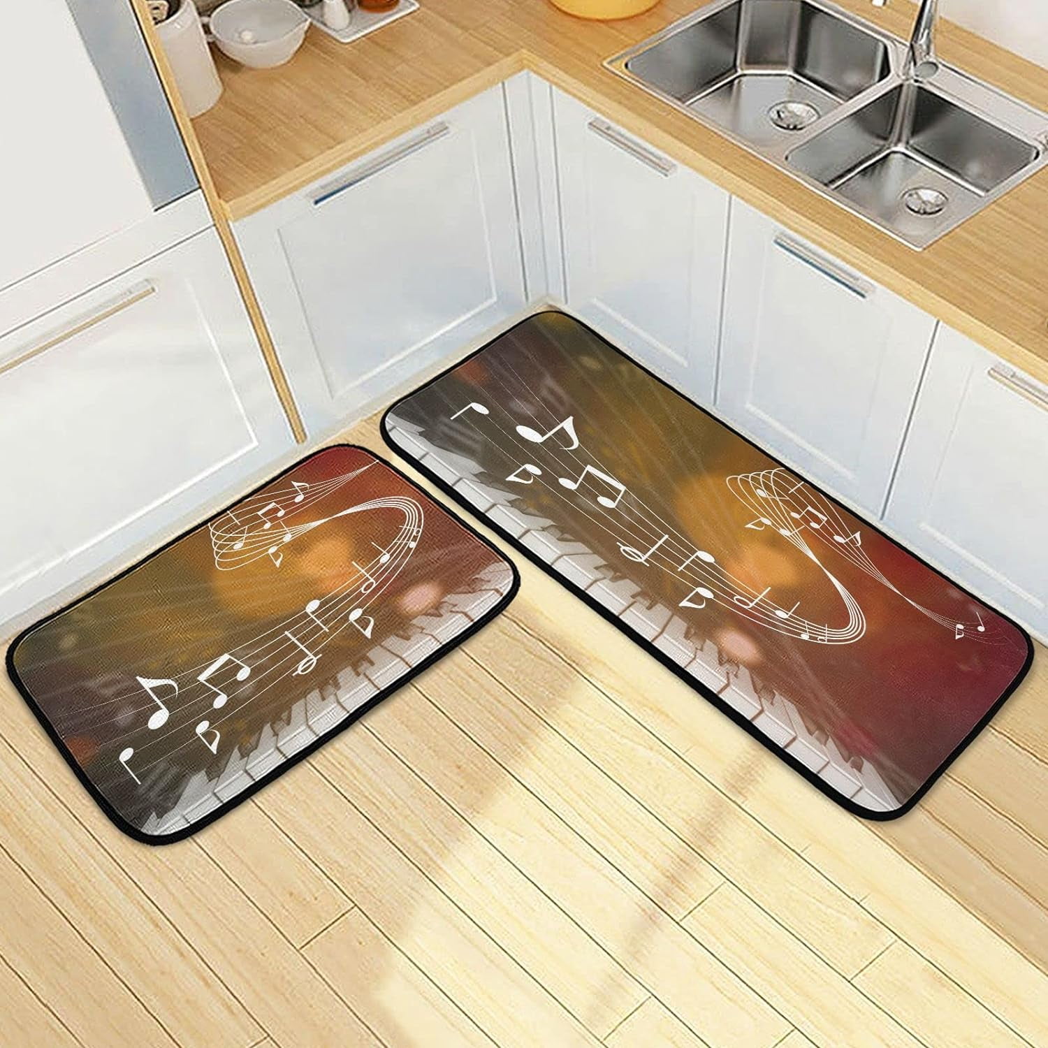 SKYSONIC Flying Music Notes Clef Kitchen Mats Set of 2 Piano Keys Anti ...