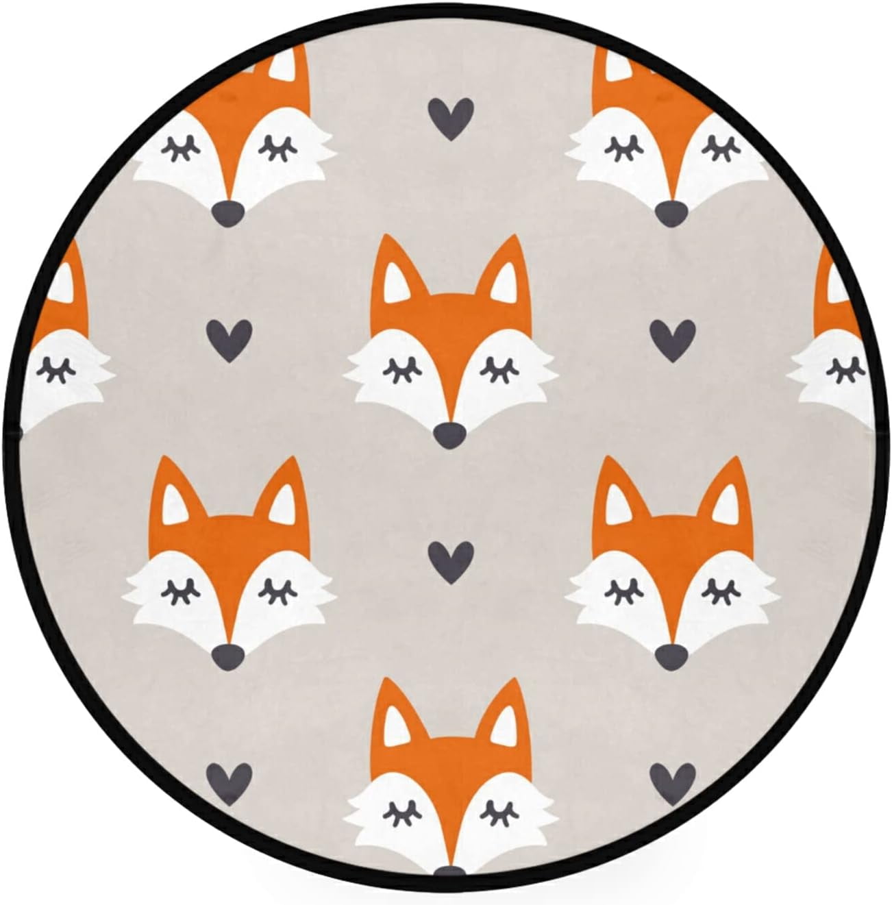 SKYSONIC Fox Pattern Hand Drawn Forest Animals and HeartsRound Area Rug ...