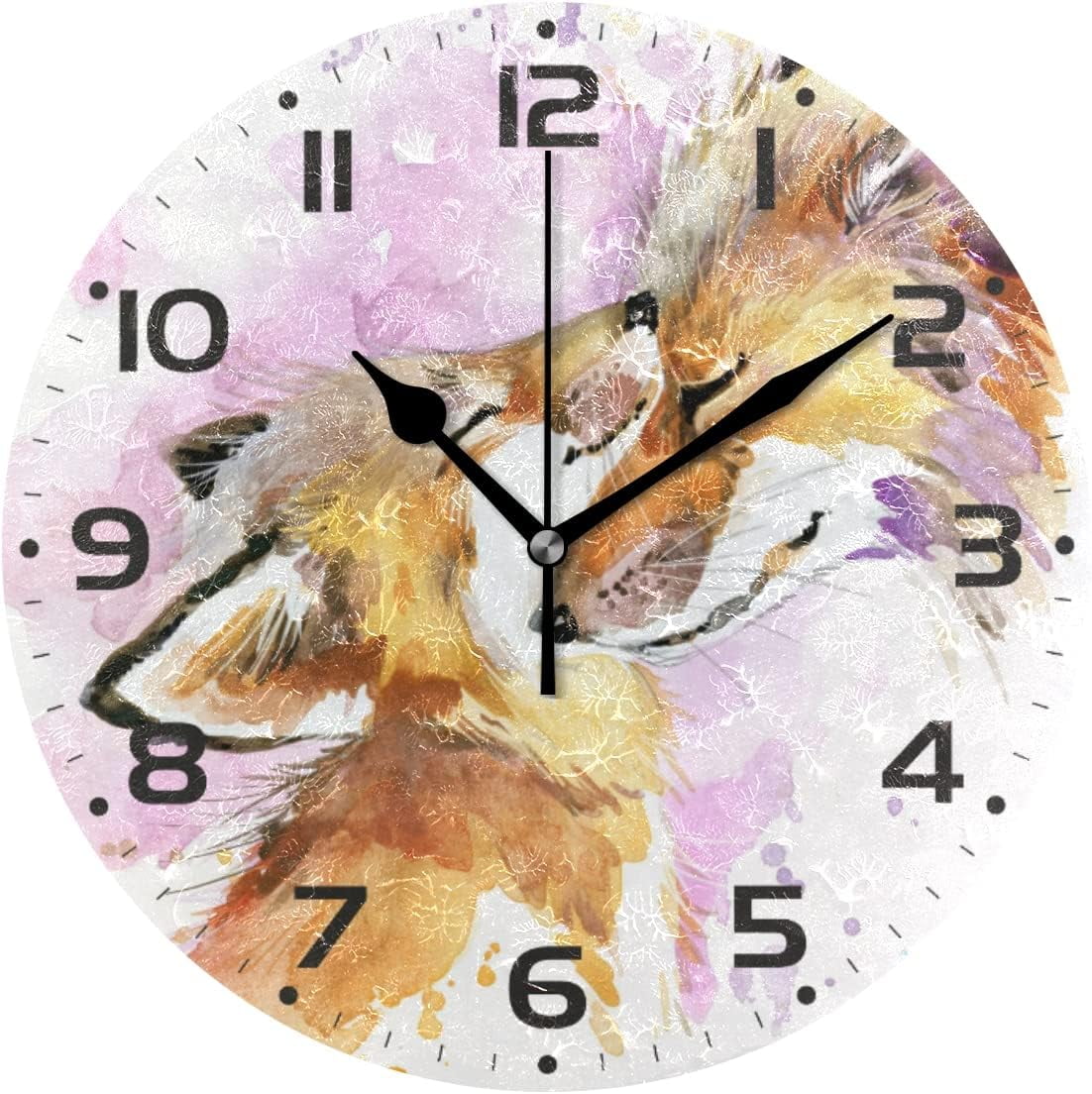 SKYSONIC Fox Watercolor Wall Clock 10 Inch Silent Non Ticking Round ...
