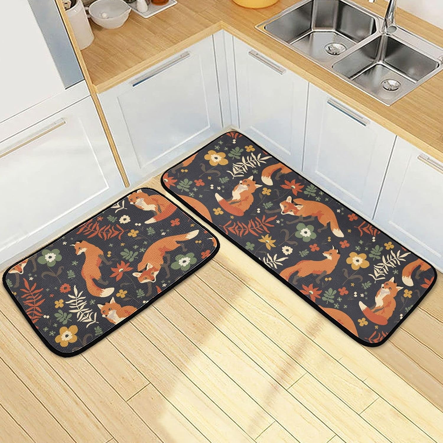 SKYSONIC Foxes Autumn Floral Kitchen Rugs Set of 2, Fall Floor Runner ...