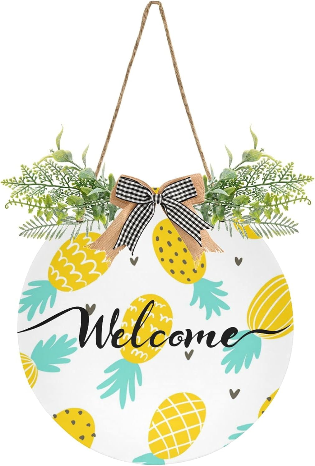 SKYSONIC Fresh Cartoon Pineapple Welcome Sign Front Door Decor Round ...