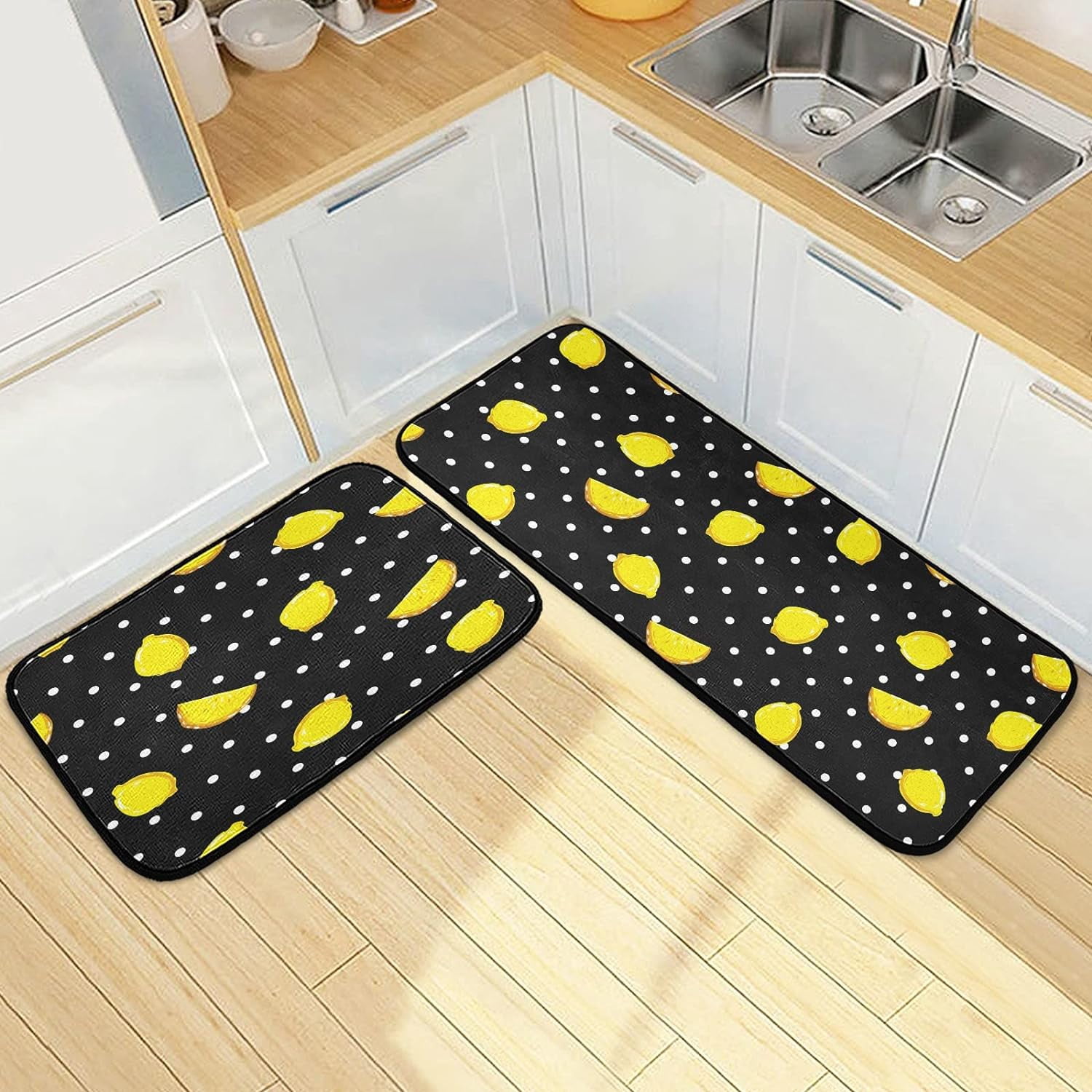 SKYSONIC Fresh Lemon Polka Dots Kitchen Mats and Rugs, Summer Kitchen ...