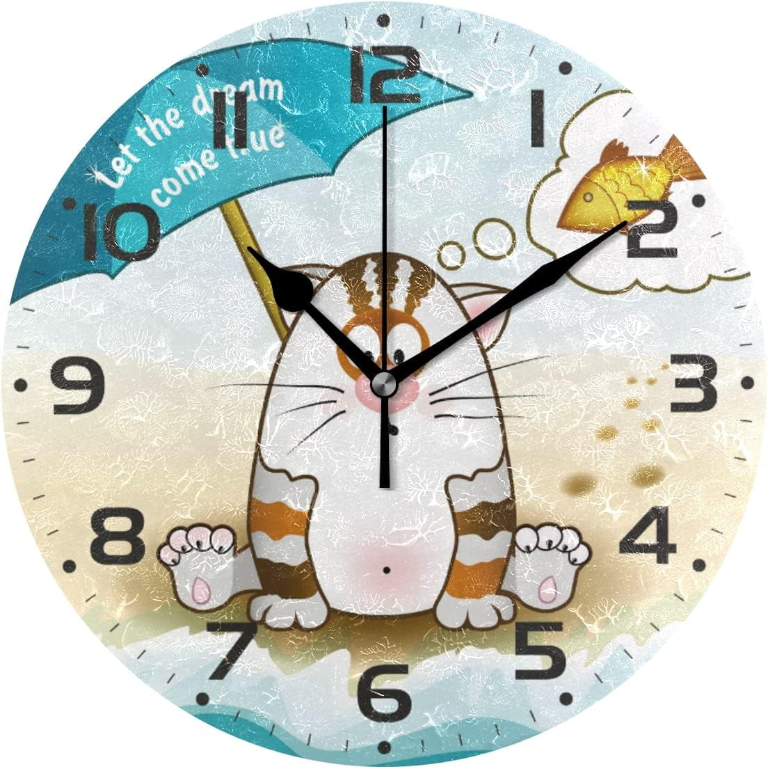 SKYSONIC Funny Cat Fish Cartoon Wall Clock 10 Inch Silent Non Ticking Round Clock Oil Painting ...