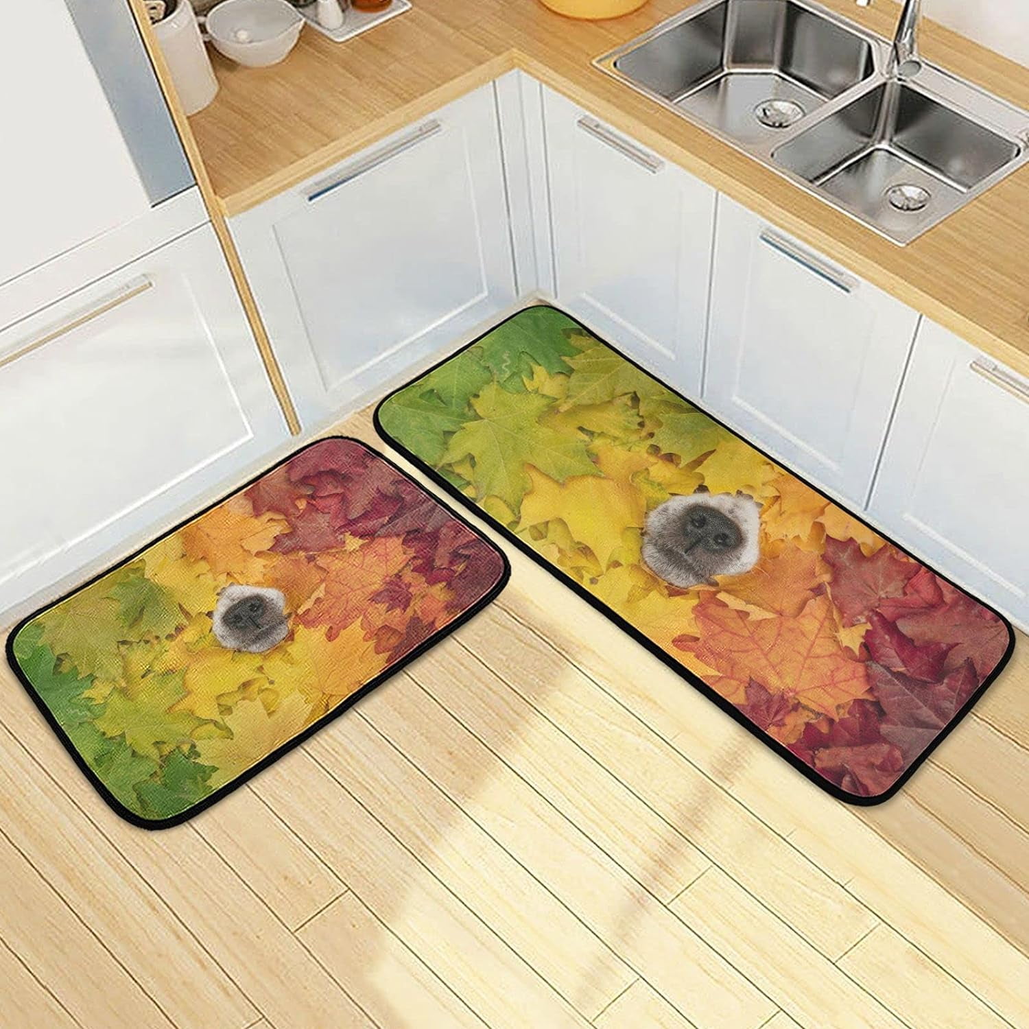 SKYSONIC Funny Colorful Leaves Dog Nose Kitchen Rugs Set of 2, Fall ...