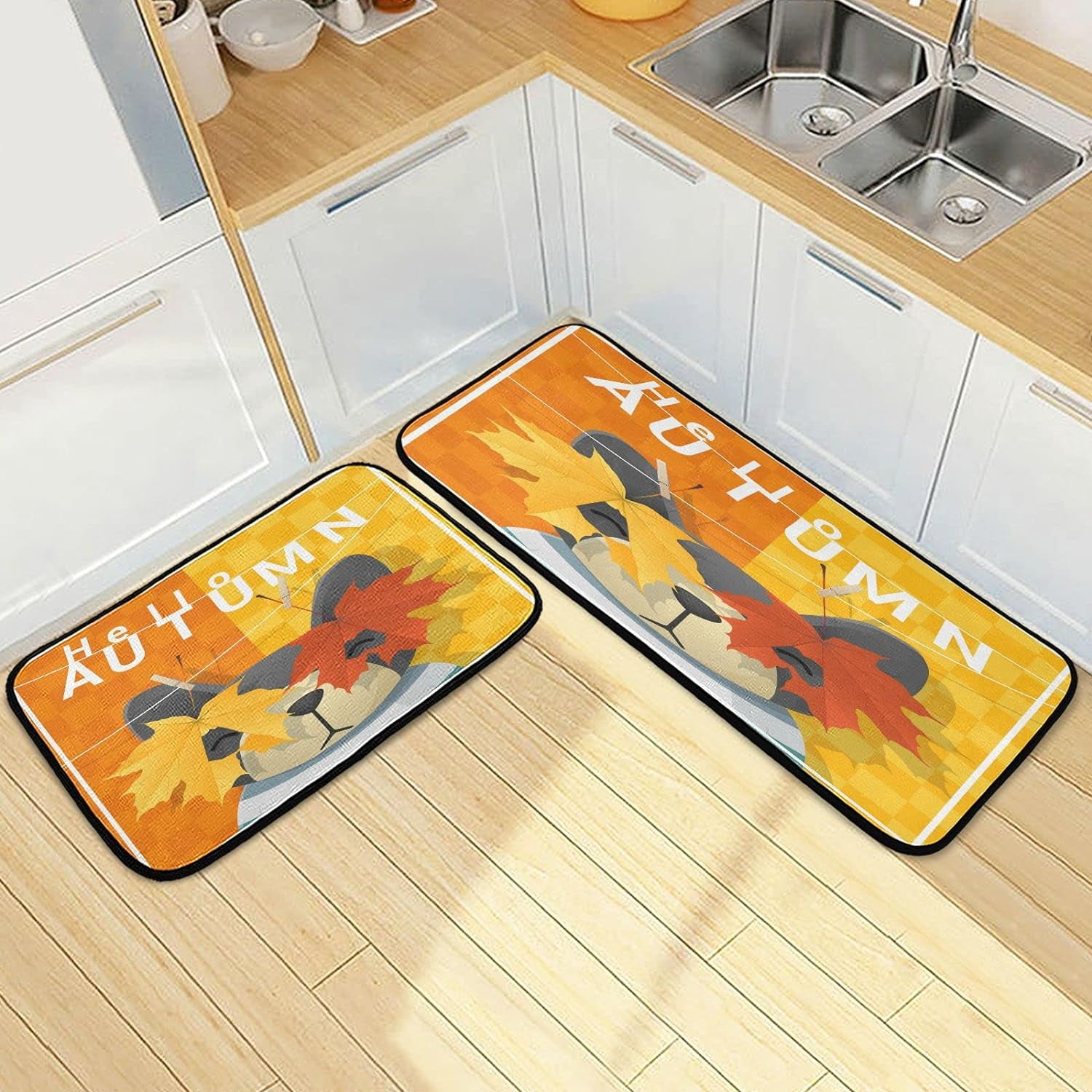 SKYSONIC Funny Dog Maple Leaf Kitchen Rugs Set of 2, Hello Autumn Floor ...
