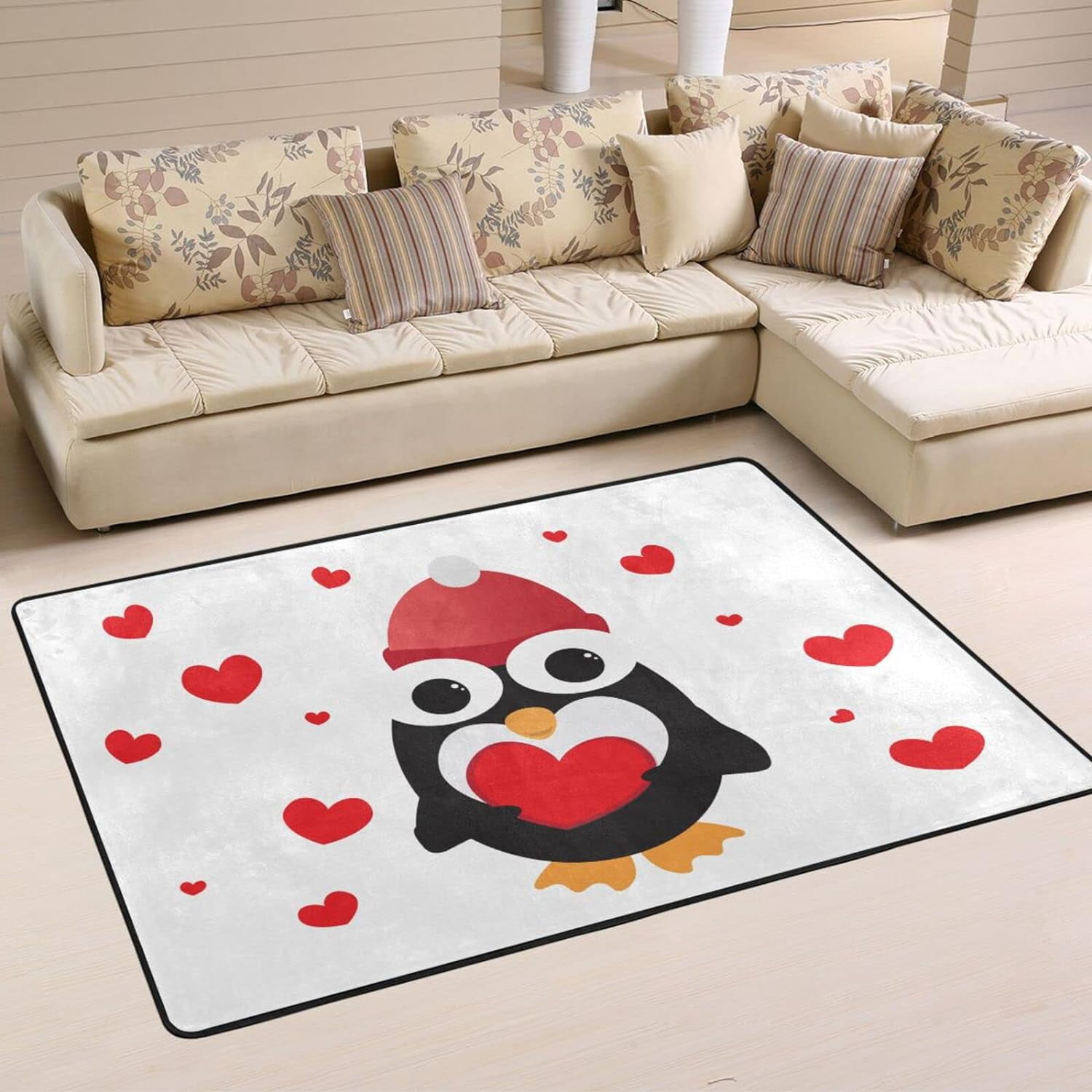 SKYSONIC Funny Penguin Non-Slip Area Rug, Red Heart Valentine Floor ...