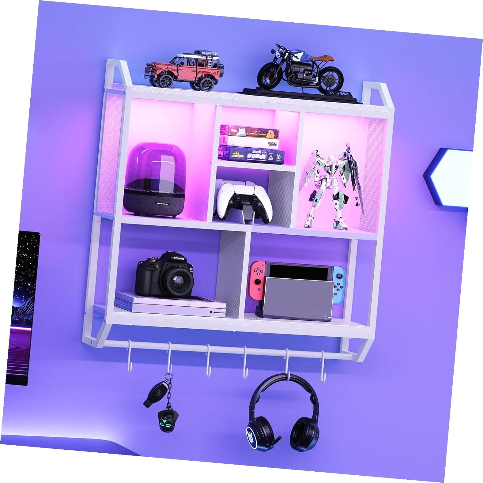 SKYSONIC Gaming Shelf with Lights, 28.7" Wall-Mounted Display Rack, 3 ...