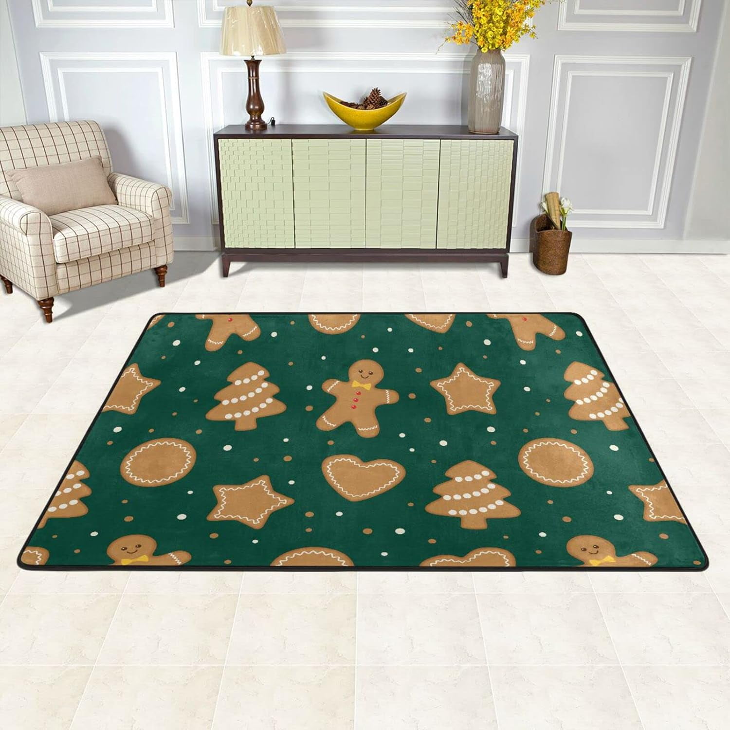 SKYSONIC Gingerbread Christmas Cookies Non-Slip Area Rug, Green ...