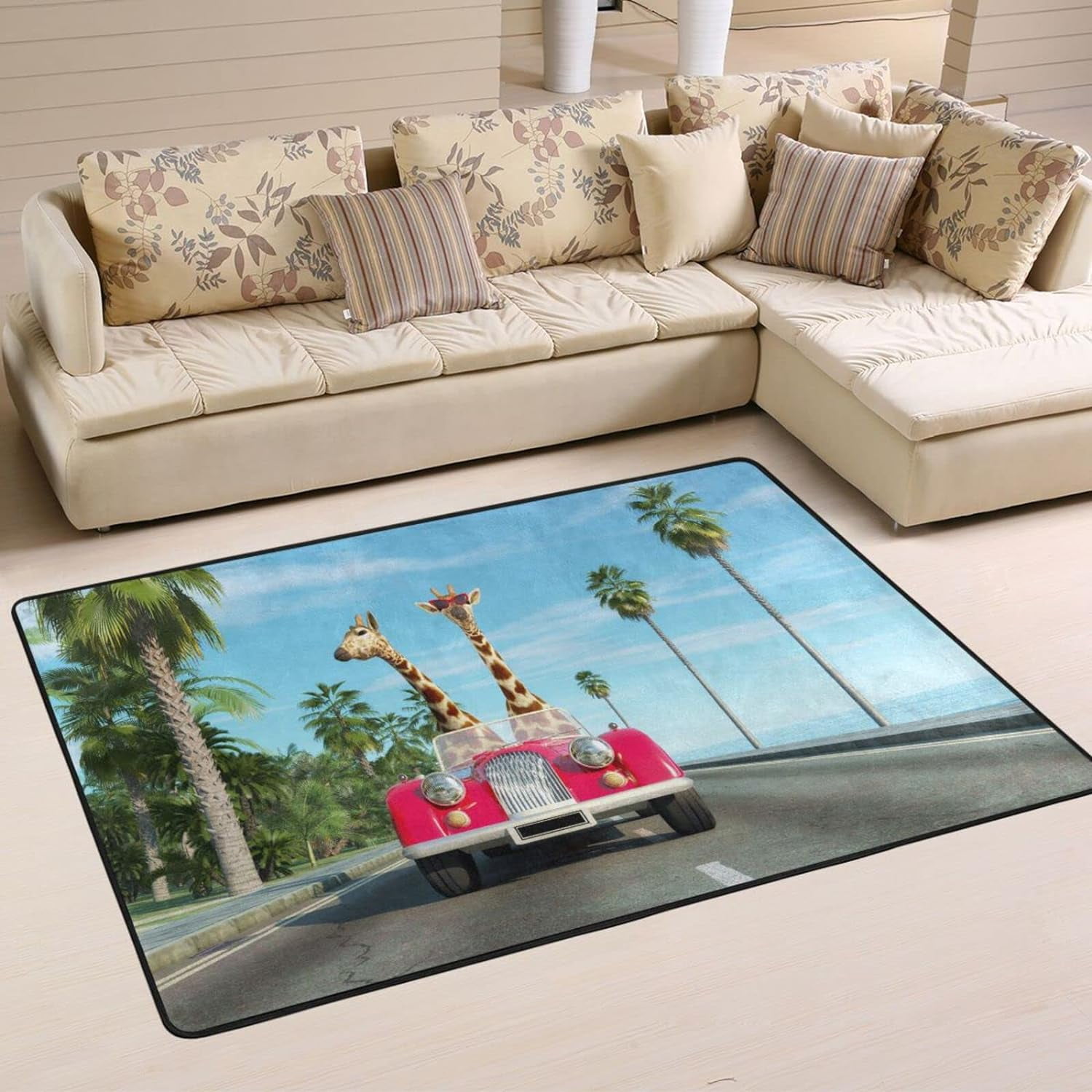 SKYSONIC Giraffe Couple Valentine Non-Slip Area Rug, Retro Car Palm ...
