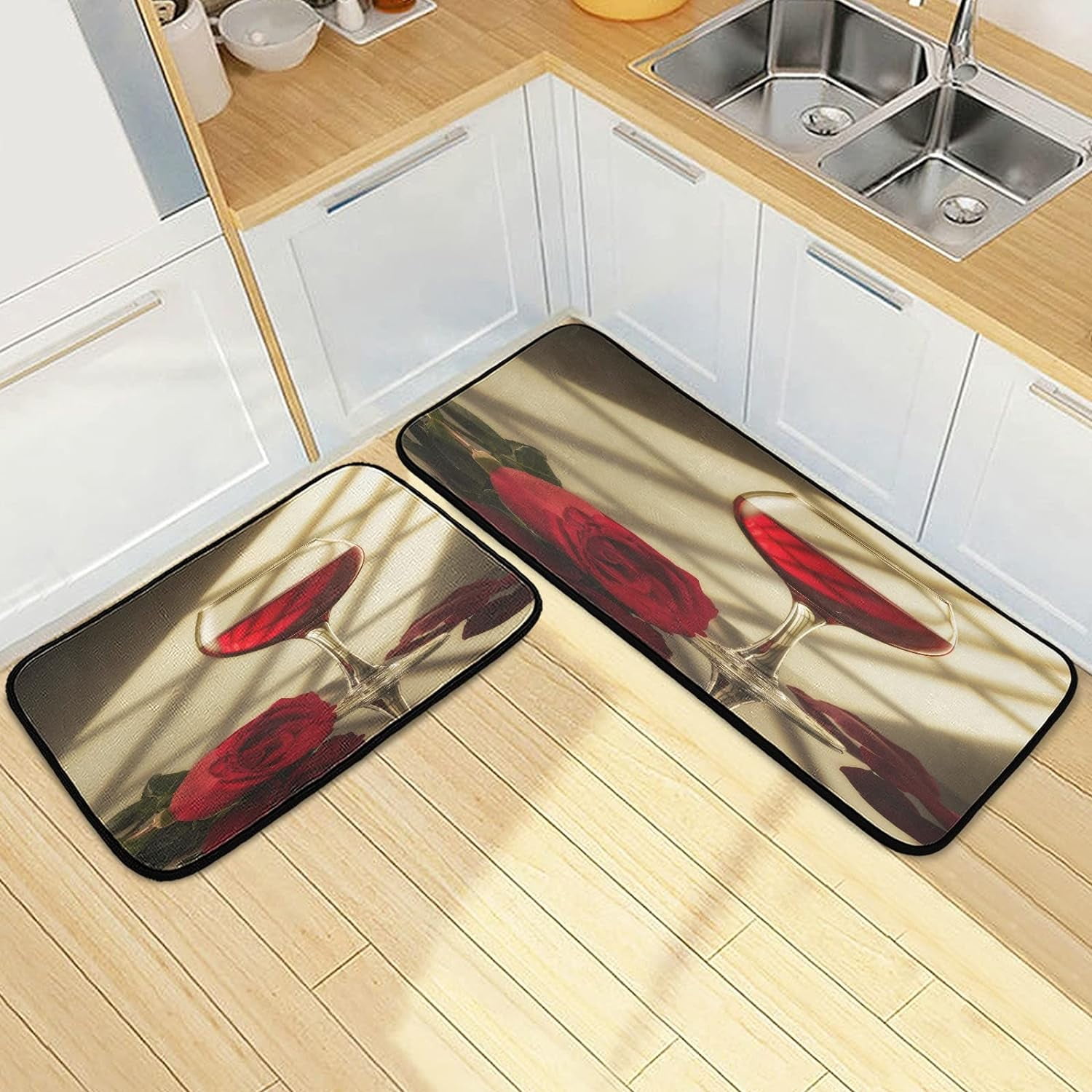 SKYSONIC Glass of Red Wine Kitchen Rugs Set of 2, Rose Flower Floor ...