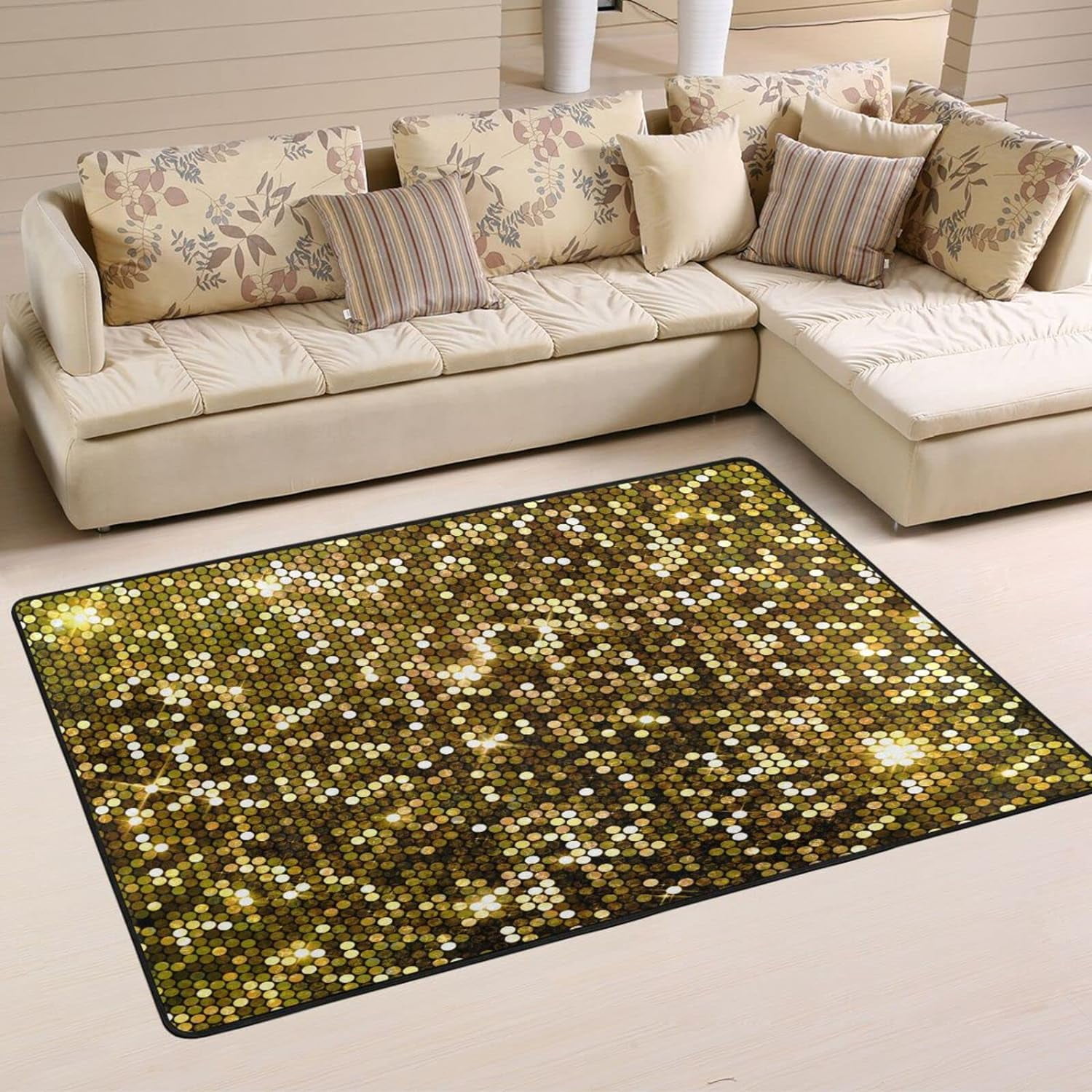 SKYSONIC Gold Bling Sequin Non-Slip Area Rug, Magic Shiny Floor Carpet ...